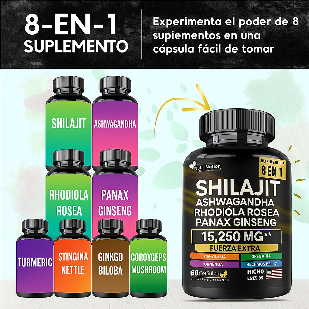 8 en 1 Cápsulas - Shilajit Ashwagandha Rhodiola Rosea Panax y Ginseng ...